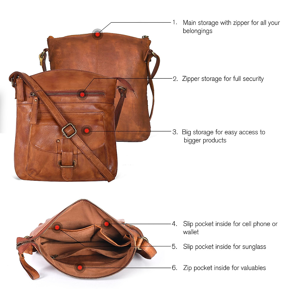 Leather Crossbody Bags for Women - Trendy Leather Crossbody Purses For Women - Medium Size Women's Handbag - Ladies Sling Bag