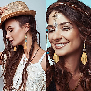 Boho Dangle Earrings Set for Women Long Tassel Dangles Earrings National Style Leather Leaf Drop Earrings Vintage Heart Shell Wooden Beads Hoop Earrings for Holiday