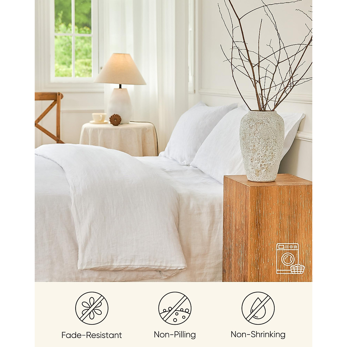 cebihy 100% Linen Duvet Cover Set King 3 Pieces, French Normandy Flax Linen, Cooling, Soft, and Breathable Linen Bedding Set - 1 Duvet Cover 90"x 104", 2 Pillowcases 20"x 40" (White)