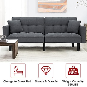 HOMHUM Convertible Sleeper Sofa Bed Modern Linen Fabric Couch Bed Futon Sofa Bed with 2 Pillows for Living Room, Apartment, Guest Room, Classic Grey