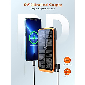 RETMSR Portable Charger, 38800mAh Solar Charger 10W Wireless QC3.0 22.5W PD 20W Fast Charging, Battery Pack with Built-in 3 Cables Super Bright Flashlight, 5 Outputs Power Bank for Cell Phone Tablet