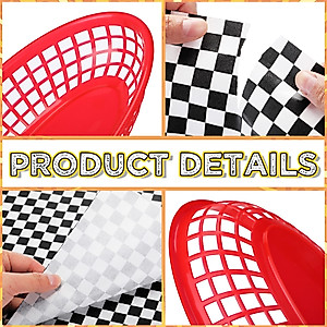 48 Pack Red Oval Fast Food Basket and 200 Pack Black Checkered Deli Liner Set 8.9 x 5.7 x 1.8 Inch Retro Style Plastic Food Baskets for Serving Burger Chip Food Baskets for Home, Restaurants, Picnic