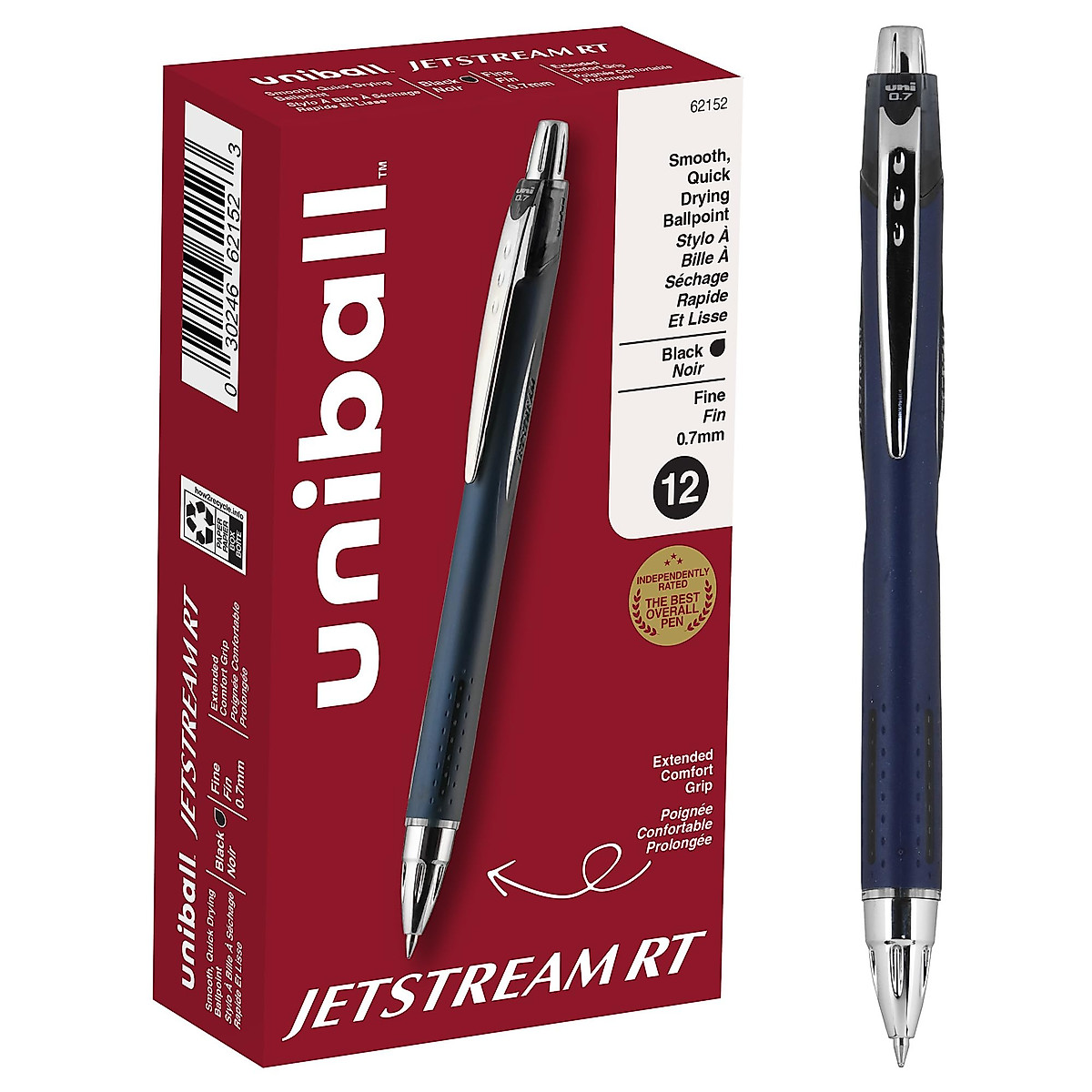 uni-ball Jetstream RT Retractable Ballpoint Pens Fine Point, 0.7mm, Black, 12 Pack