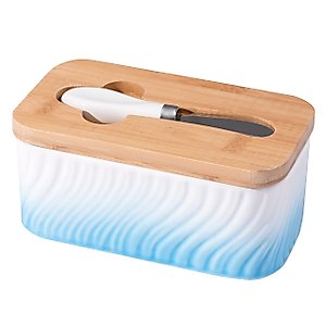 Lumicook Large Ceramic Butter Dish with Wooden Lid, Large Butter Container Keeper Storage with Stainless Steel Butter Knife Spreader, Holds 2 Stick of Butter Unique Swirl Pattern (Blue)