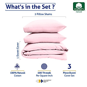 California Design Den King Size Duvet Cover Set, 400 Thread Count 100% Cotton Sateen, Soft Luxury Sateen Weave Comforter Cover and Two Pillow Shams, Button Closure and Corner Ties (Pink, King)