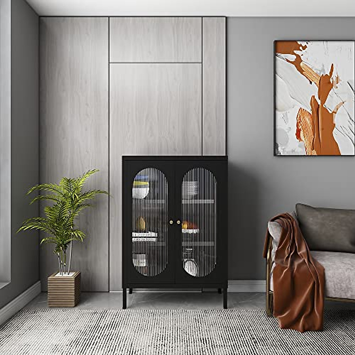 LINGZOE Black Storage Cabinet with Steel Frame and 2 Glass Door, Home Locker Sideboard Cabinet Organizer for Books, Magazines, DVDs Storage Shelf