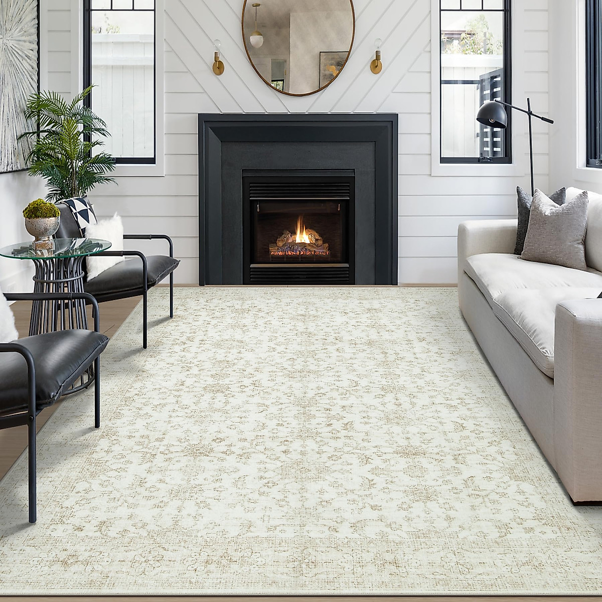 Area Rug 9x12 Living Room Rug, Soft Vintage Washable Rug with Anti-Skid Backing Stain Resistant Thin Indoor Carpet Large Area Rug for Bedroom Under Dining Room Table Nursery-Light Beige