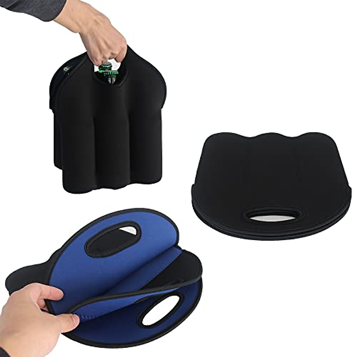 FRRIOTN 6 Pack Bottle Carrier, Insulated Neoprene Beer Bottle Holder for Travel, Keeps Drinks Cold with Secure Carry Handle, Gift for Men (Black-Blue)