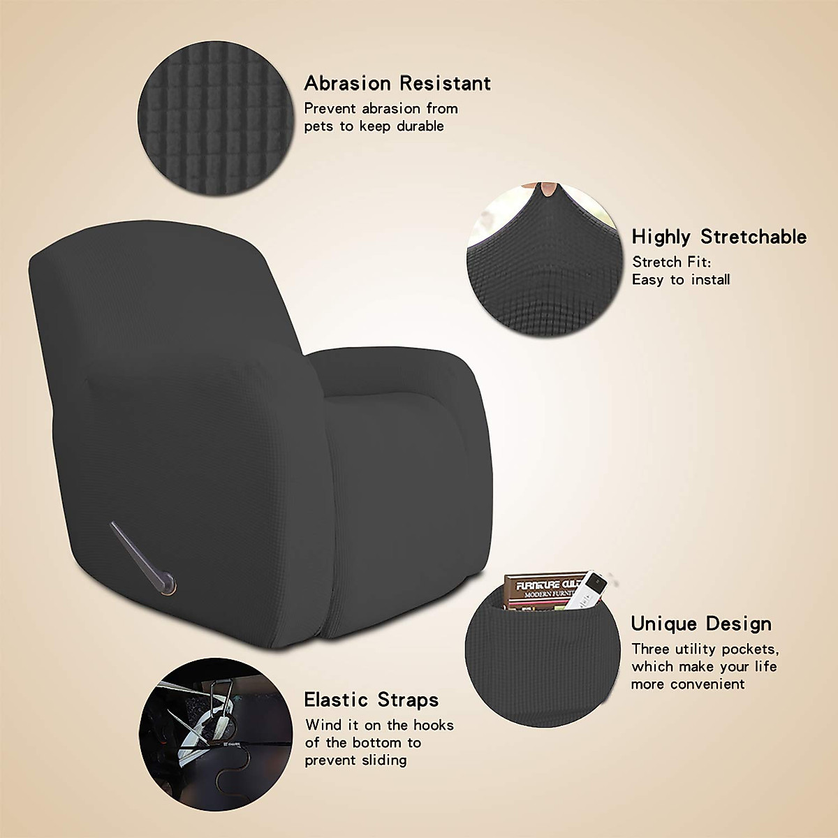 Easy-Going Oversized Recliner Stretch Sofa Slipcover Sofa Cover 1 Piece Furniture Protector Couch Soft with Elastic Bottom Kids,Polyester Spandex Jacquard Small Checks(Oversize Recliner,Dark Gray)