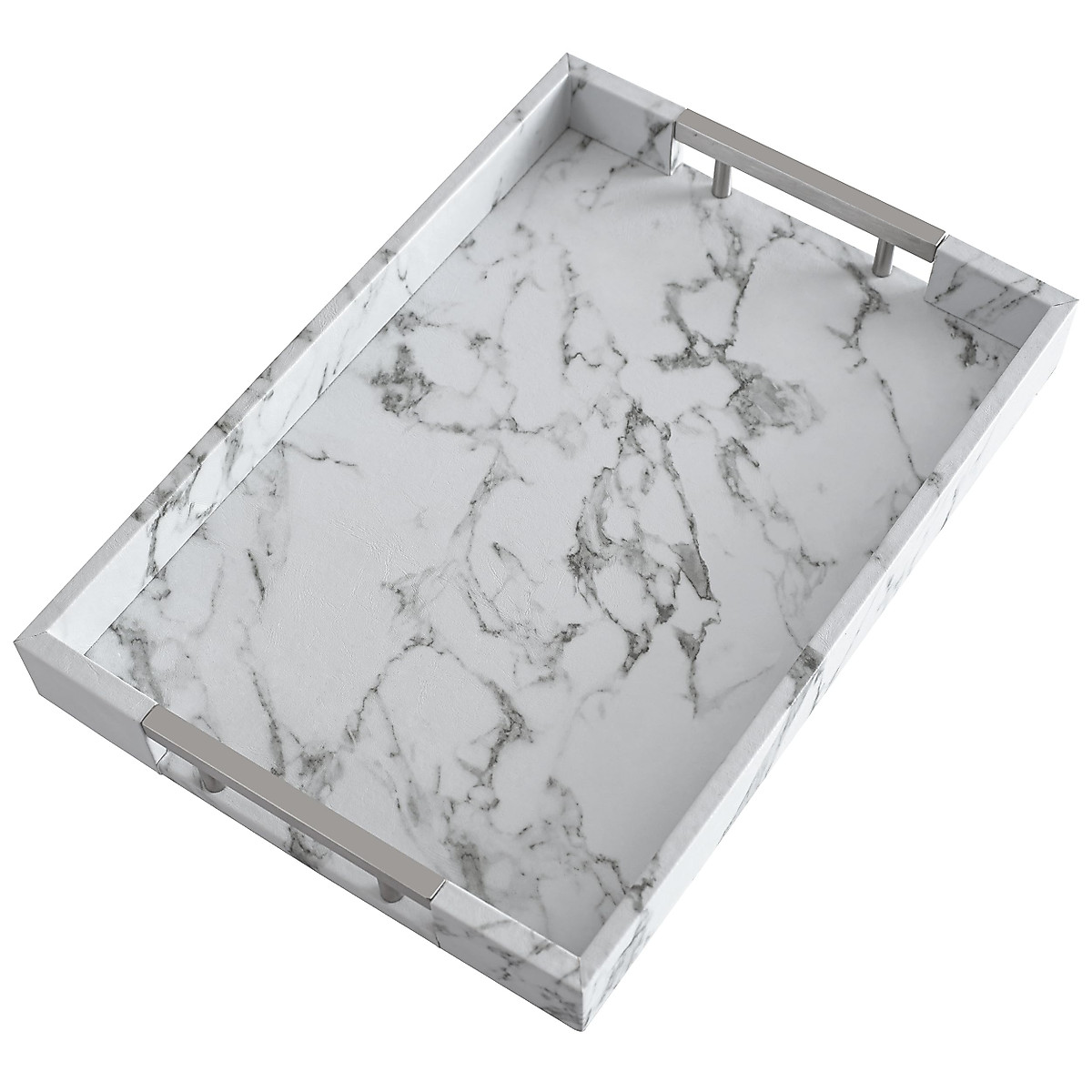 YAMILAN-17 x12 Serving Tray with Gold Polished Metal Handles,Decorative Tray for Coffee Table,Ottoman Tray for Living Room,Modern Elegant Rectangle Leather Trays for All Occasions/White Marble