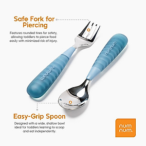 NumNum Toddler Utensils, Pre-Spoon, Fork & Spoon GOOtensils - 4th Stage Silverware for Kids Aged 2+ Years w/Stainless Steel Heads - Silicone Food Feeding Supplies - Set of 4, Pacific Blue & Sea Green