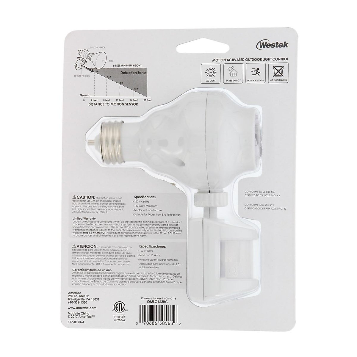 Westek Screw In Motion Sensor Light Socket for Outdoor Lighting - This Motion Sensor Light Socket Adapter Turns On Lights When Movement is Detected, 20ft Distance - (OMLC163BC)