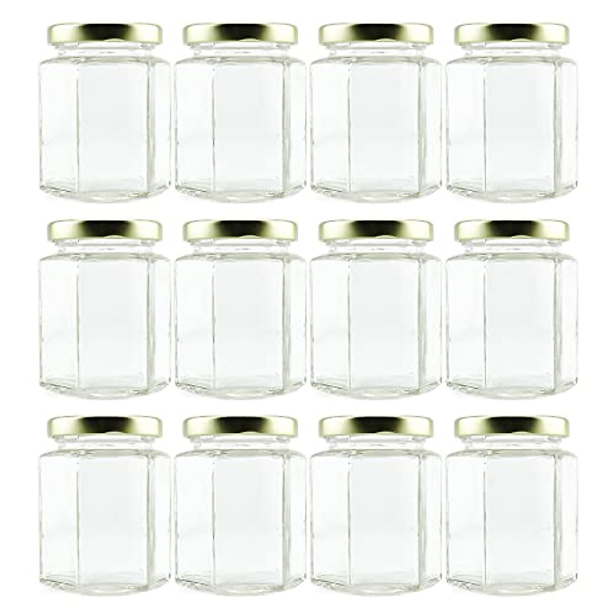 Cornucopia 6-Ounce Hexagon Glass Jars (12-Pack); Empty Hex Jars w/Gold Lids for Party Favors, Jams, Samples & More