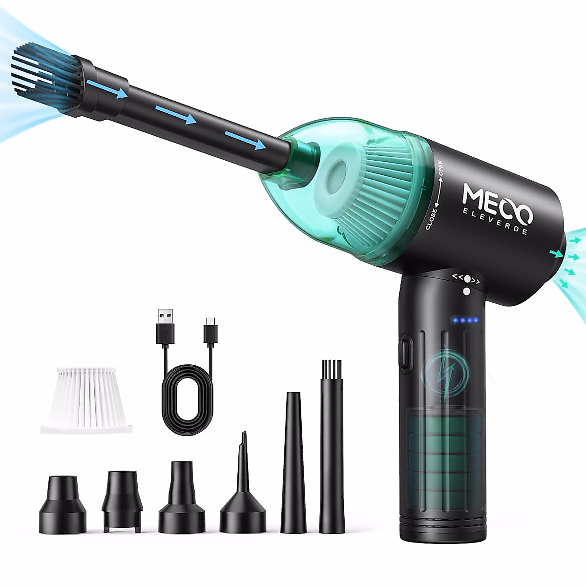 Electric Compressed Air Duster & Vacuum, MECO Electric Air Blower, 4 in 1 Function Powerful 3-Gear to 90000RPM/12000PA Keyboard Cleaner, Rechargeable Cordless Air Duster for Computer/Car/Pet Hair