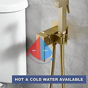Bathfinesse Wall Mounted Bidet Sprayer Set, Warm Water Bidet Sprayer Faucet for Toilet with Hot and Cold Brass Valve, Stainless Steel Square Handheld Bidet Attachment Set, Brushed Gold