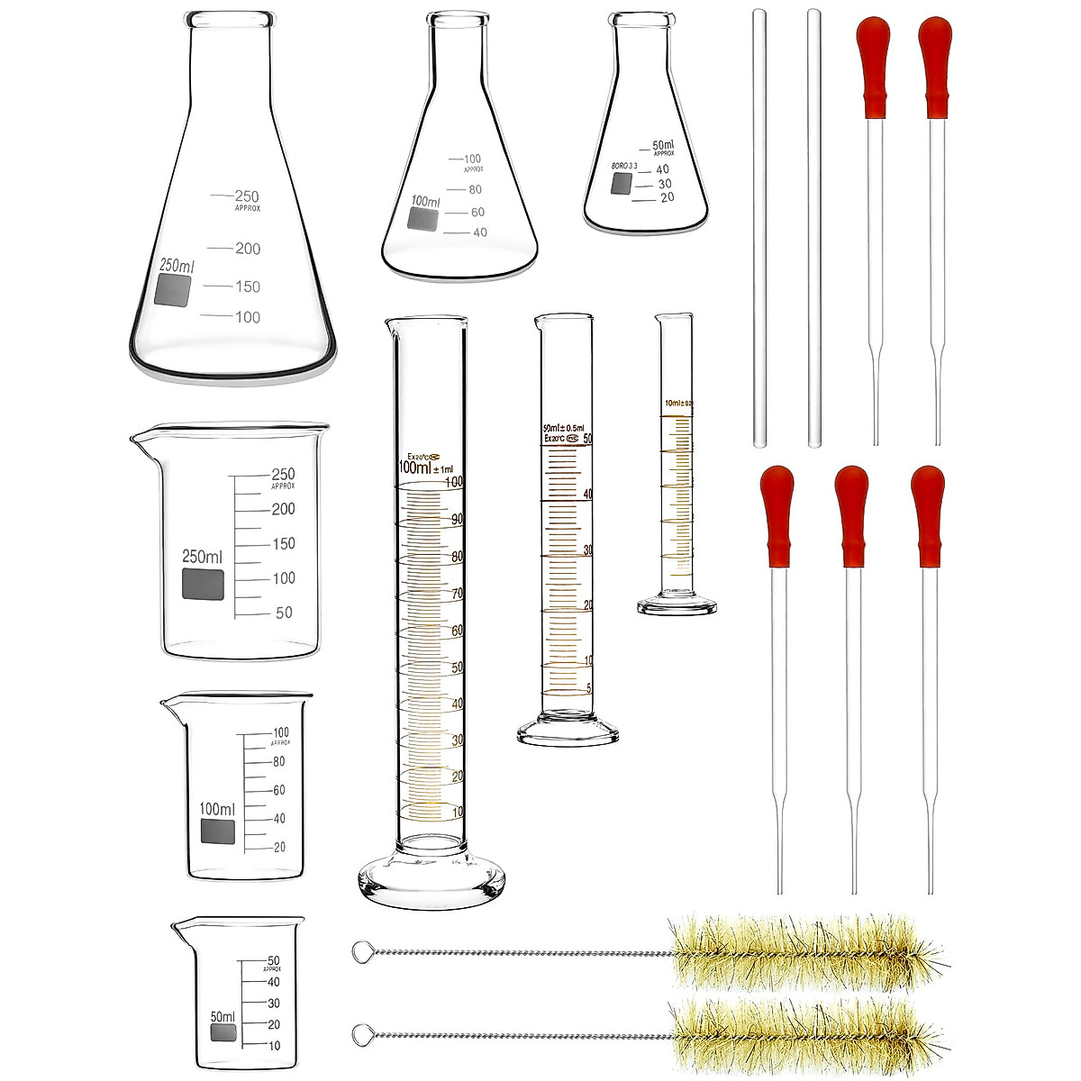 QWORK Lab Glassware Set, Quality Borosilicate Glass Beaker Flask Cylinder Set, Heat Resistant, Ideal for Laboratories and School Science Experiments