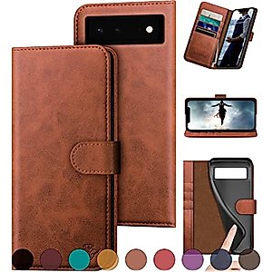 DuckSky for Google Pixel 6 Genuine Leather Wallet case 【RFID Blocking】【4 Credit Card Holder】【Real Leather】 Flip Folio Book Phone case Protective Cover Women Men for Pixel6 case Light Brown