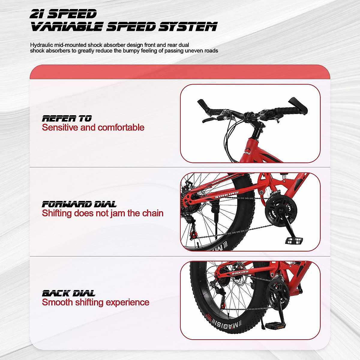 wavsurf Fat Tire Mountain Bike, 26'' 21 Speed Outdoor Snow Beach Hybrid MTB Racing Bikes for Adult Women Men, Lightweight City Commuter Road Cycling, Dual Disc Brakes (B), 94x88x38cm