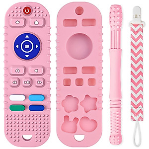 Silicone Baby Teething Toys, Remote Control Shape Teethers Toys with Teething Tubes and Pacifier Clip, Baby Teething Toys for 3+ Months, Remote Teething Toys BPA Free/Freezable/Dishwasher Safe(Pink)