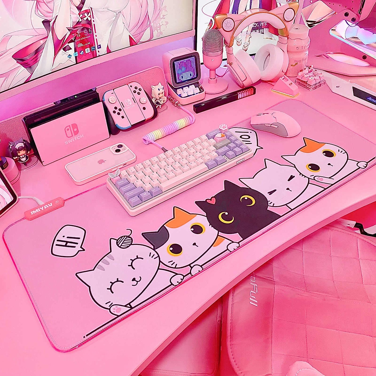 Pink Kawaii Cat RGB Gaming Mouse Pad 31.5x12 Inch PC XL Large Extended Glowing Led Light Up Cool Mouse pad Desk Pad Non-Slip Rubber Jmiyav Computer Mouse Pad Cute Mousepad Mat 31.5x12 Inch