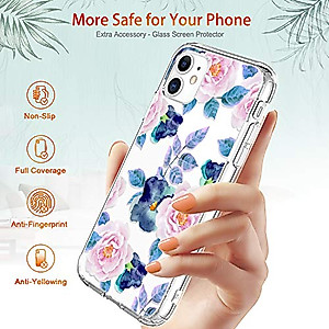 GiiKa iPhone 11 Case with Screen Protector, Clear Heavy Duty Protective Case Floral Girls Women Shockproof Hard PC Back Case with Slim TPU Bumper Cover Phone Case for iPhone 11, Pink Blue Flowers