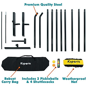 Ksports Regulation 22 feet Pickleball Net Bundle, can be Used as Recreation Tennis or Badminton Net Blue, Comprises of One Net, 4 LED Shuttlecocks, Carry Bag and 2 Pickleballs (Yellow)