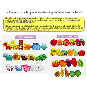 BMTOYS Montessori Educational Threading Toys Wooden Stringing Farm Animals Fruits Lacing Beads Preschool Toy for Toddler 3 4 5 Year Old Boys Girls