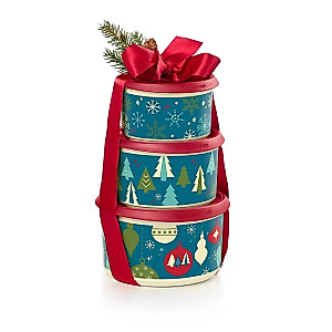 New Tupperware Christmas Holiday One Touch Stacking Canister Set of 3, 2/4/6 Cup, Plastic, Glossy Finish