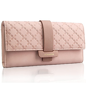 FT FUNTOR RFID Wallets for Women, Trifold Womens Wallet with Coin Zipper Pocket Vegan Leather Ladies Wallets Coins Zipper Pocket with ID Window (Blush pink)
