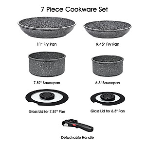 ROSSETTO 7pcs Pots and Pans Set Non Stick from France, Ceramic Cookware Set with Removable Handle, Induction RV Kitchen Cookware Set, Stackable, PFOA and PFAS Free, Oven Safe, Black Granite