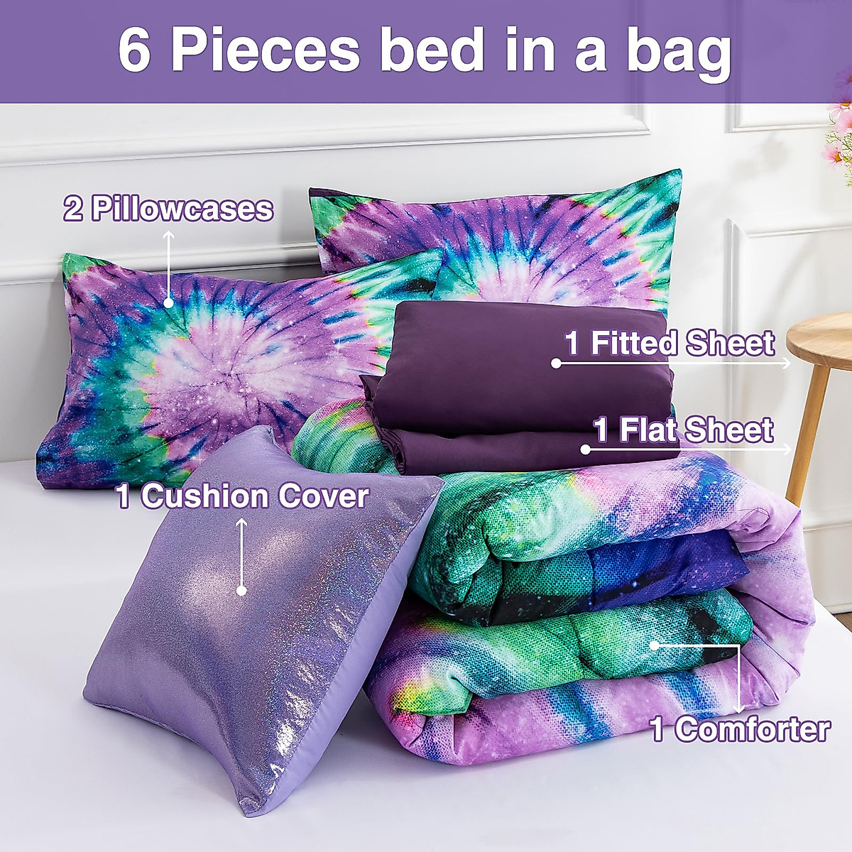A Nice Night 6Pcs Bed in a Bag Bedding Set Tie Dye Galaxy Children Comforter Set, Psychedelic Swirl Pattern Colorful Boho, BoysGirls Quilt Sets,Purple,Full