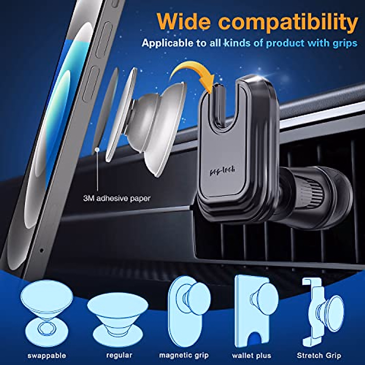 pop-tech Car Vent Phone Mount for Socket Grip, Air Vent Clip Phone Holder Compatible with Magsafe Wallet Black & iPhone Samsung Card Holder, Cell Phone Stand with Sticky Adhesive