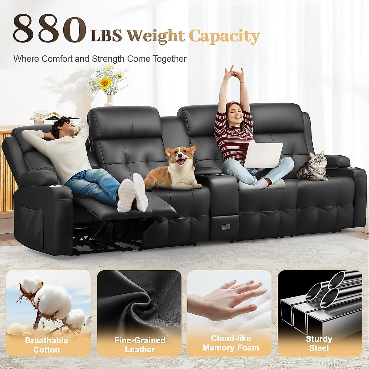 Recliner Sofa, Massage Reclining 4 Seater Sofa Sets Heavy Weight Capacity, RV Loveseat Couch Clearance with Console, USB, Type C Port, Storage, Cup Holders, Wall Hugger Chair for Living Room, Black