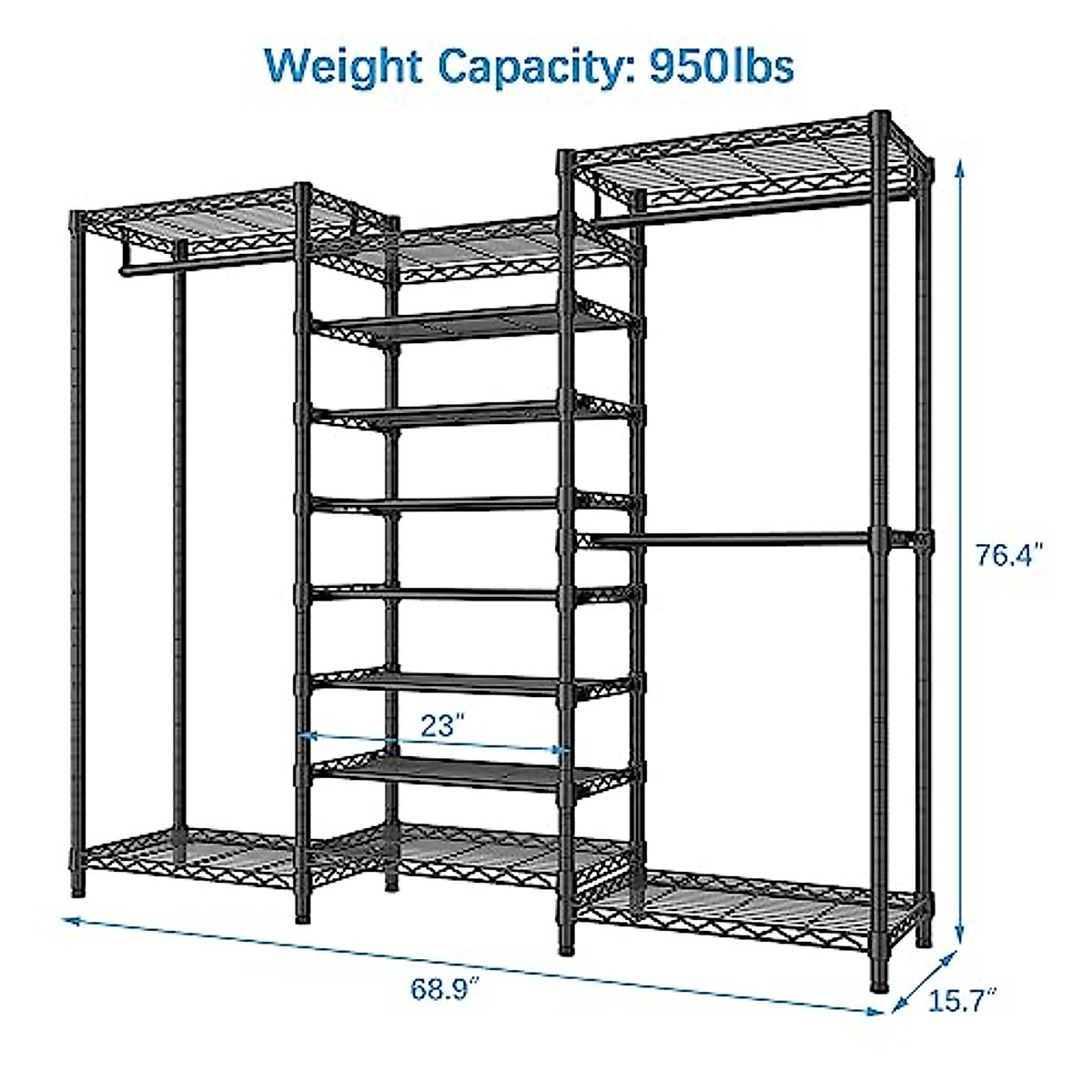 VIPEK S3 Heavy Duty Garment Rack Free Standing Clothes Rack Closet Storage Organizer Large Wardrobe with 6-Tier Shoe Rack, Hanging Rod, Adjustable Shelf, 68.9" L x 15.7" W x 76.4" H, Black
