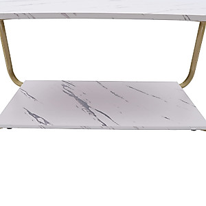 Rectangular Coffee Table for Living Room, 39.4" Faux White Marble Coffee Table with Storage Shelf, 2-Tier Modern Center Table with White Faux Marble Tabletop, Gold Metal Frame