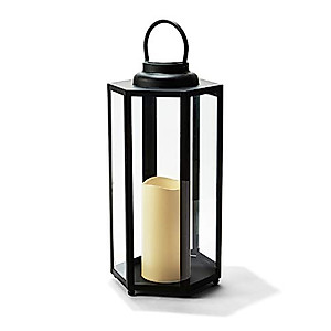 Large Solar Candle Lantern - 18 Inch Tall, Glass Panels, Matte Black Metal Frame, Waterproof Flameless Pillar Candle, Dusk to Dawn Timer, Large Size for Floor or Patio, Fall Decor, Battery Included