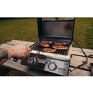 Portable Propane Gas Grill 2-Burner Tabletop Clearview Monument Grills for Outdoor Camping Cooking, Two 15,000 BTU Burners, Stainless Steel, and Built-in Thermometer