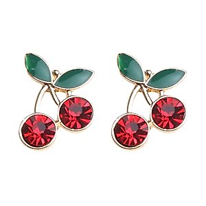 coadipress 18K Gold Plated Red Cherry Stud Earrings for Women Elegant Shining Green Emerald Leaf CZ Crystal Ruby Cherries Post Earring (Cherry)