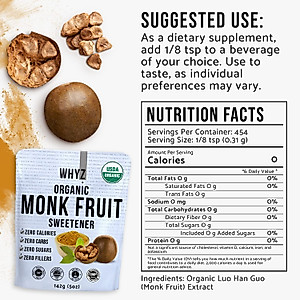 Organic Monk Fruit Extract, 5 oz, Pure Monk Fruit Sweetener Organic No Erythrytol and Zero Calorie, Sugar Substitute, Powdered Monkfruit Sweetener Keto and Paleo Diet Friendly, 454 Servings