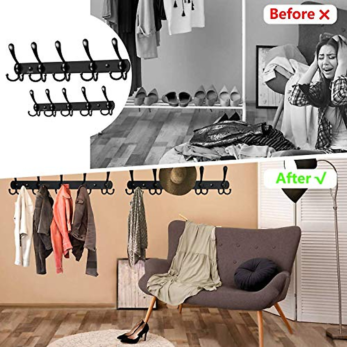Bjiotun Coat Rack Wall Mounted 2 Pack Wall Hooks Stainless Steel Wall Hanger with 5 Tri Hooks for Hanging Coats Hats Towels Keys (Black)