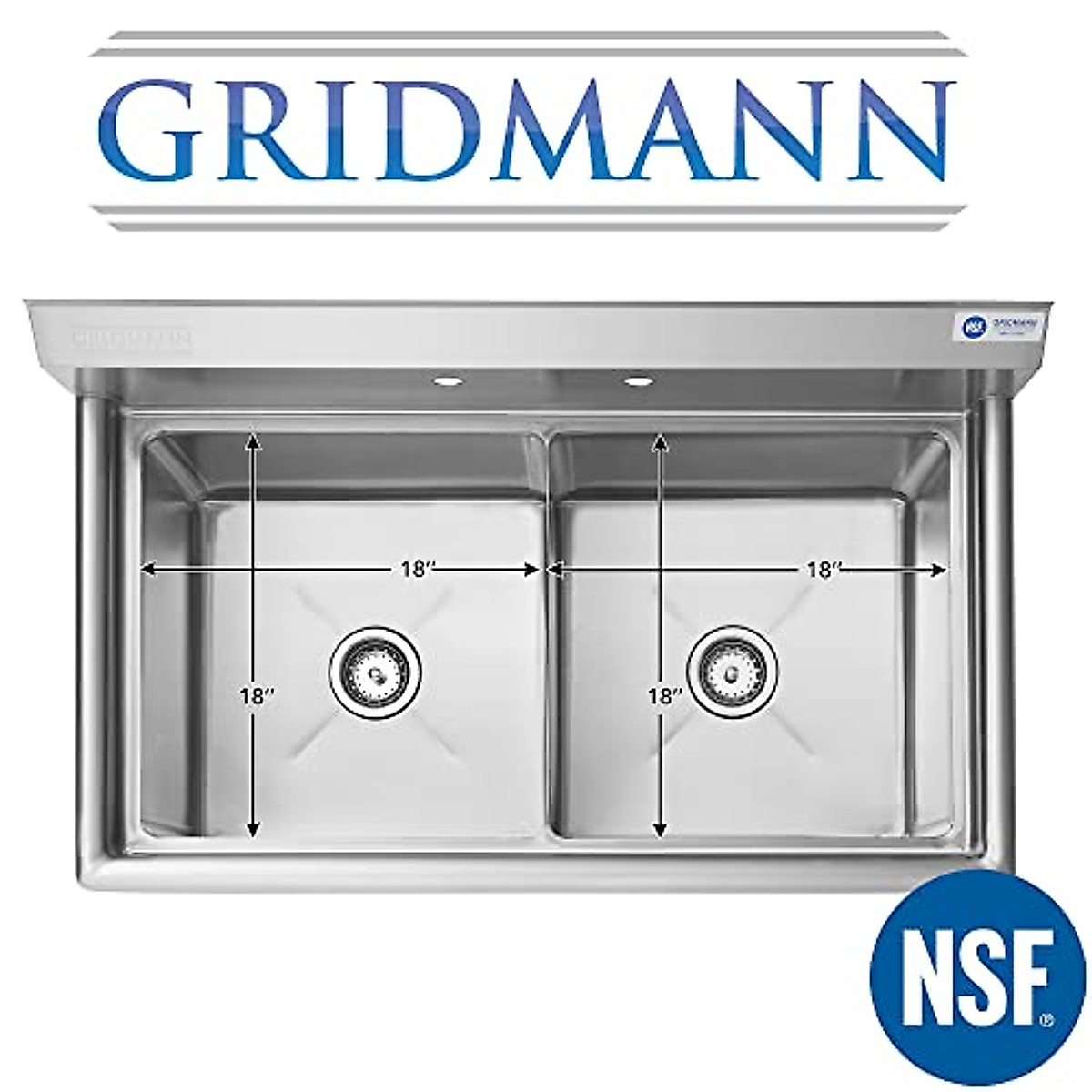 GRIDMANN 2 Compartment Commercial Stainless Steel Utility Sink, NSF Certified Kitchen Prep Sink for Restaurant, Laundry, Garage
