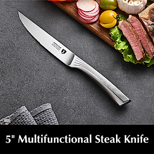 KINGSTONE 5" Steak Knife Set Kitchen Steak Knives set of 8 German Stainless Steel Serrated Steak Knives with Gift Box Dishwasher Safe (8, sliver)