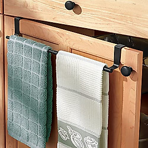 mDesign Adjustable, Expandable Over Kitchen Cabinet Towel Bar Rack - Hang on Inside or Outside of Doors, Hold Hand, Dish, Tea Towels - Customizable to 17" Wide, Omni Collection, 2 Pack - Matte Black