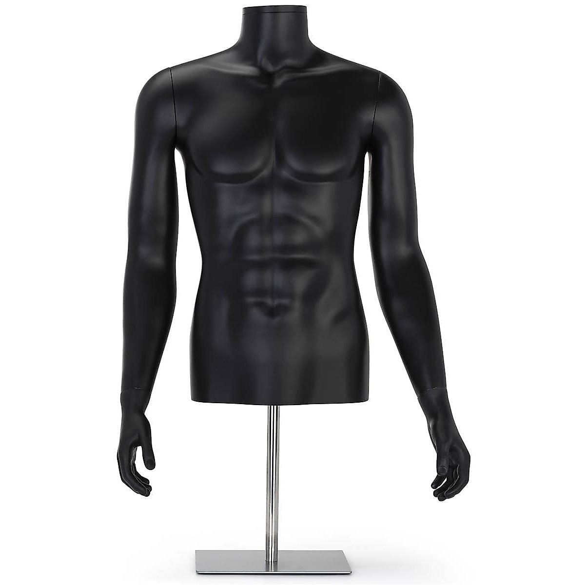 Displays2go Headless Male Torso Mannequin with Metal Base, Removable Arms - Matte Black (SMMMATBA)