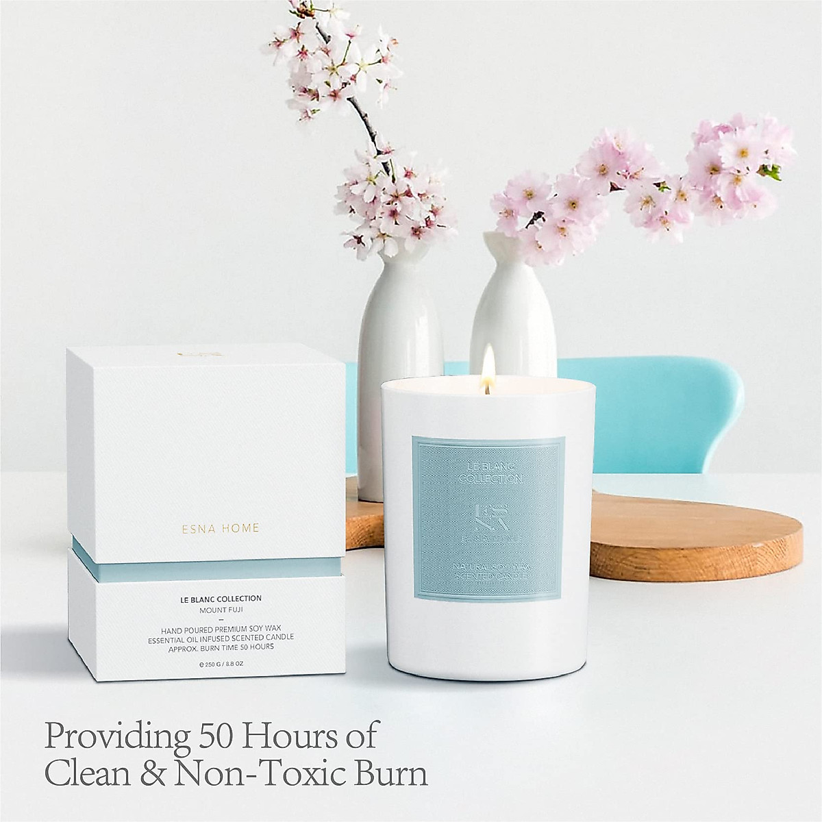 ESNA HOME Leblanc Mount Fuji Luxury Aromatherapy Scented Candles | Essential Oil All Natural Soy Candles Meditation Gifts for Women | 8.8oz 50 Hours Votive White Candle | Decor for Home Scented