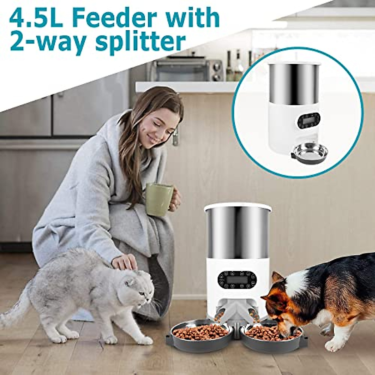 Automatic Cat Feeder, 4.5L Cat Food Dispenser, Timed Small Pet Feeder with 2-Way Splitter & 10s Voice Recorder, Auto Cat Feeder for Cat & Small Dog
