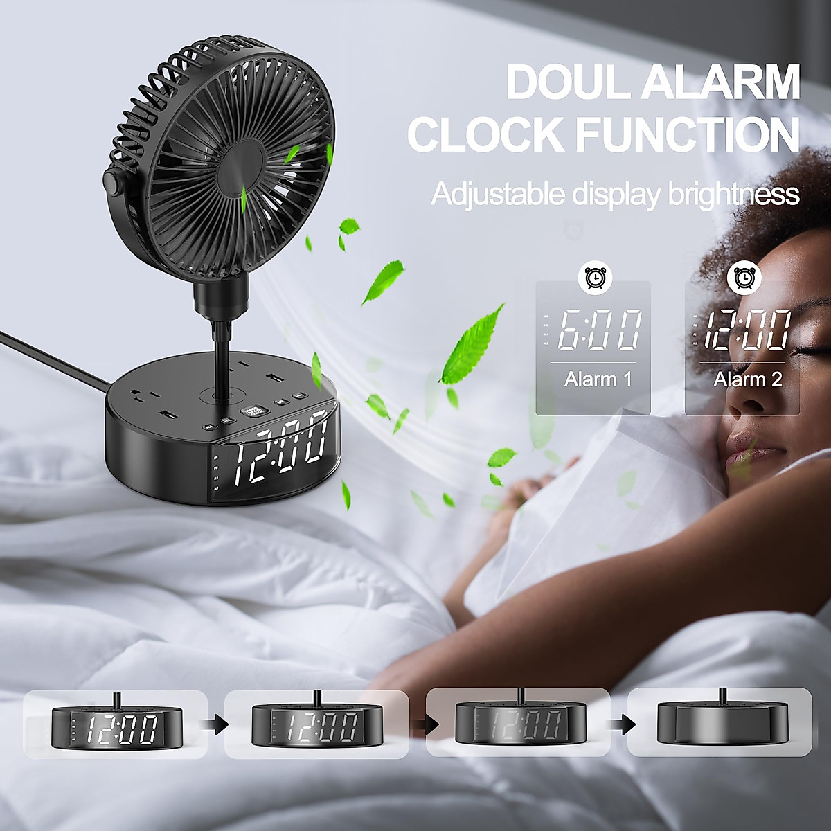Fereowth Quiet Desk fan,Office Fan with 2 USB Charging Ports，Table Fan with 2 AC Power Outlets ，Bedroom Fan with Timer Alarm.Personal Fan for Home，Strong Wind, Quiet Operation（black gray）