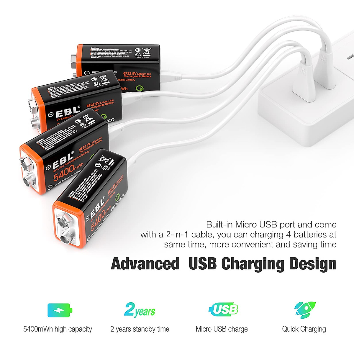 EBL USB Rechargeable 9V Lithium Batteries - 5400mWh Long Lasting LI-ion Batteries with Micro Charging Cable - Quick Charge in 2 Hours (4 Pack)