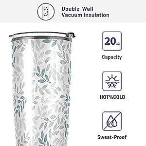 Blue Gray Leaves Branches Stainless Tumbler Insulated Coffee Cups with Lid and Straw Travel Mug for Hot and Cold Drinks 20oz