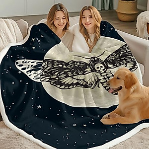 Sleepwish Death Moth Throw Blanket Hawk Moth Skull Sherpa Fleece Blanket Black Galaxy Star Print Blanket Large Size Gothic Halloween College Dorm Decor, Queen (90" X 90")